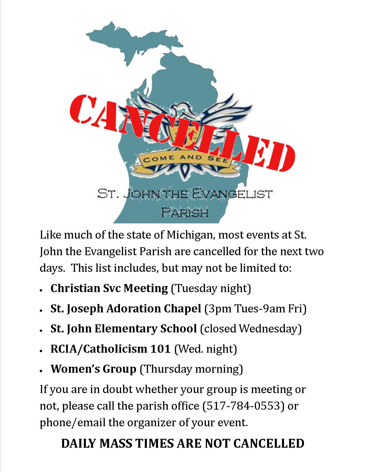 CANCELLATIONS: Jan 29-30 – St. John the Evangelist Catholic Parish